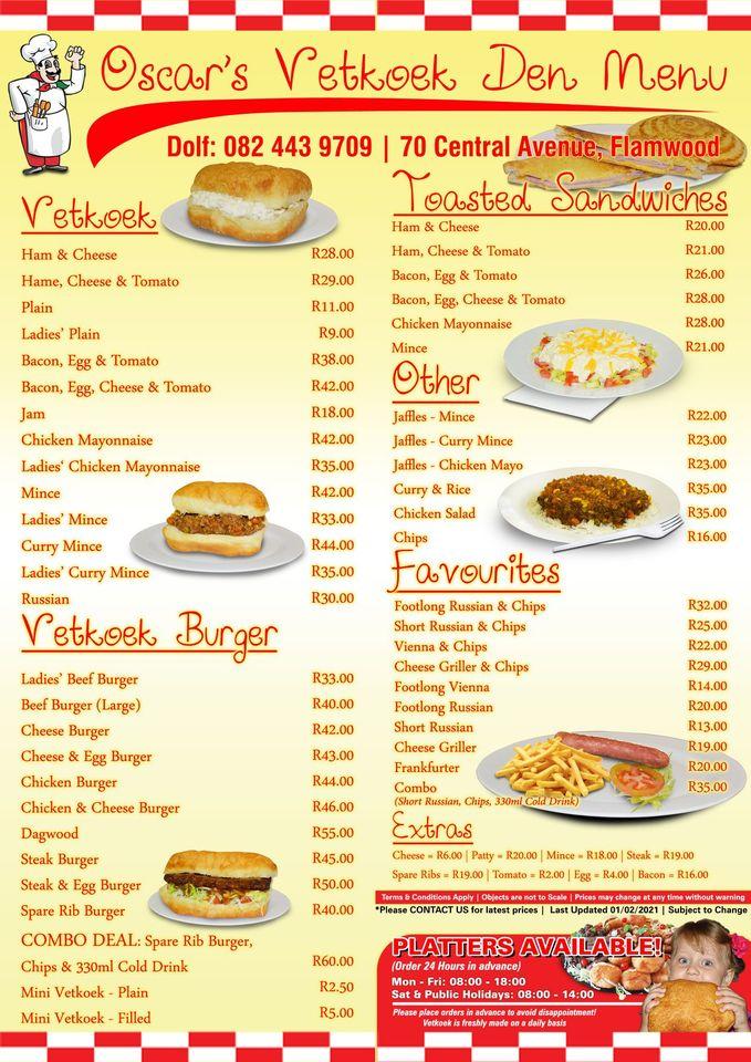 Menu at Oscar's Vetkoek Den Klerksdorp restaurant, Klerksdorp