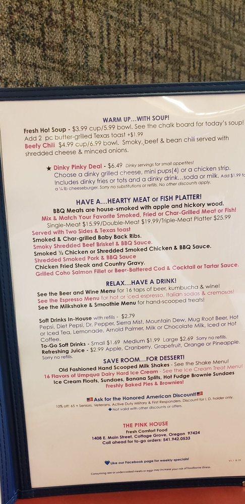 Menu at Pink House restaurant, Cottage Grove