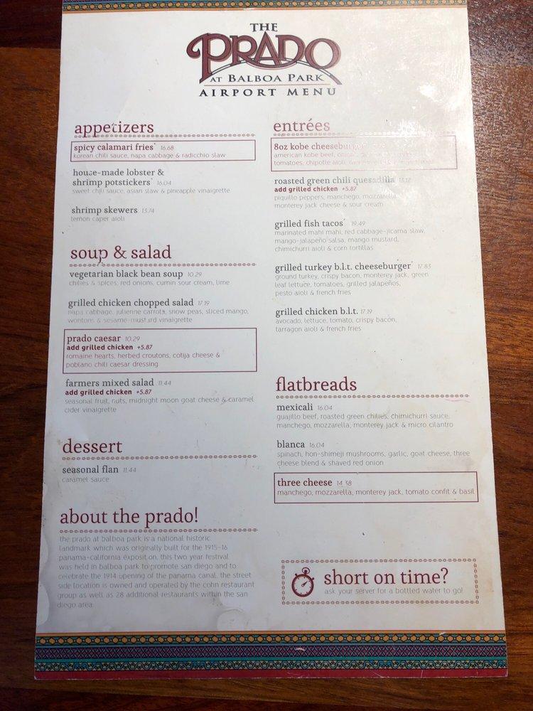Menu at Prado at the Airport pub & bar, San Diego