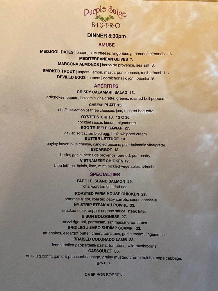 Menu at Purple Saige Bistro restaurant, Lake Placid