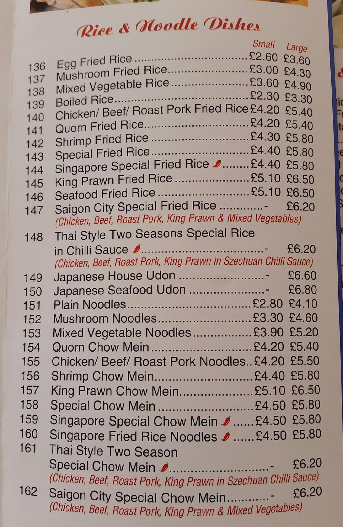 Menu at Saigon City fast food, Ridgmont