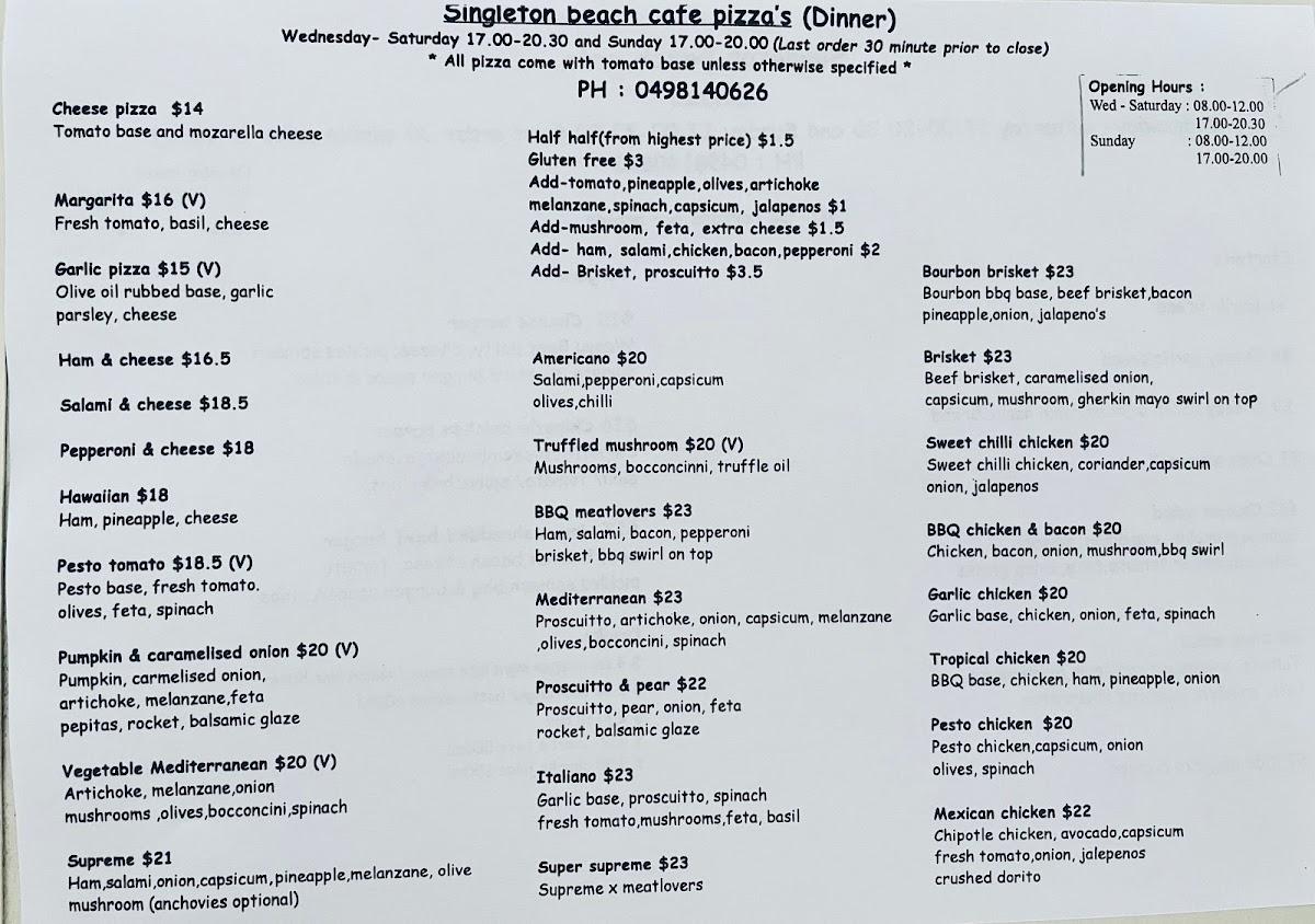 Menu at Singleton Beach Cafe, Singleton