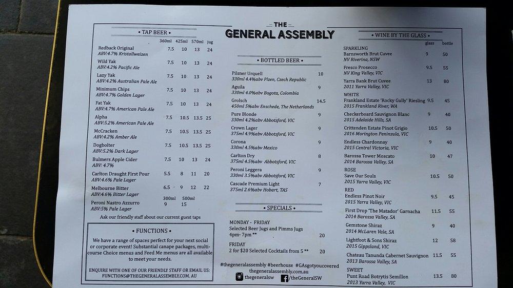Menu at The General Assembly pub & bar, South Wharf