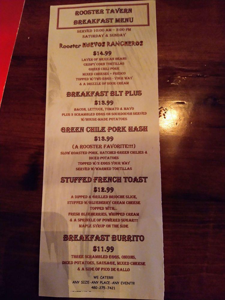 Menu at The Rooster Tavern pub & bar, Scottsdale