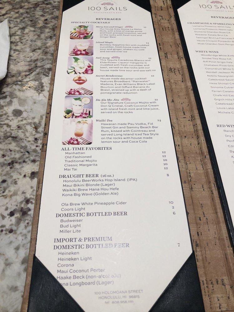 Menu at 100 Sails Restaurant & Bar, Honolulu