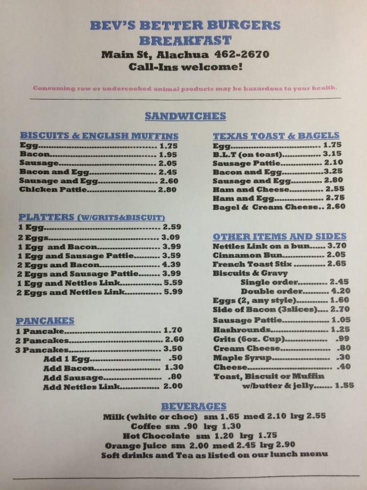 Menu at Bev's Better Burgers of Alachua restaurant, Alachua, N Main St