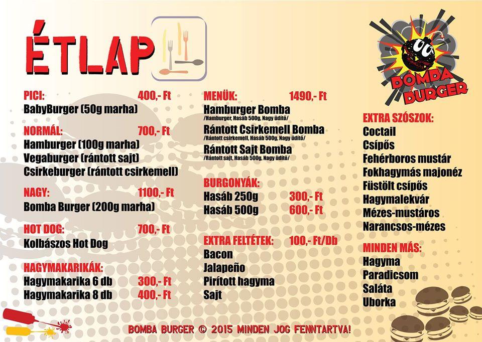 Menu at Bomba Burger, Budapest, Millenáris park