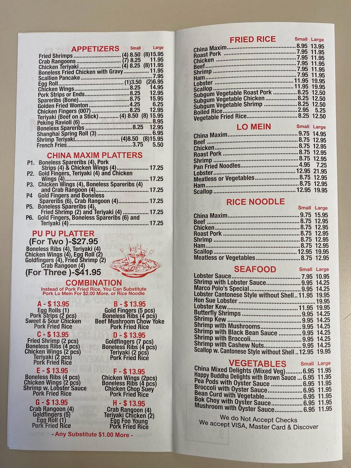 Menu at China Maxim restaurant, Dracut, Lakeview Ave