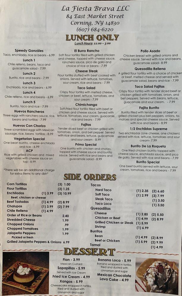 Menu at Fiesta Brava restaurant, Corning, 84 E Market St