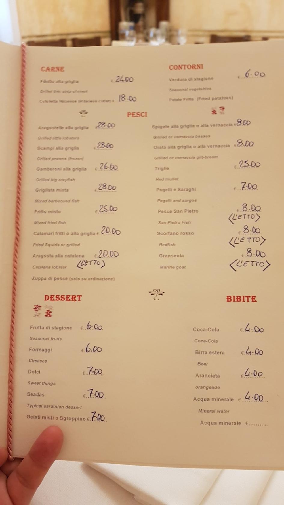 Menu at La Taverna restaurant, Palau