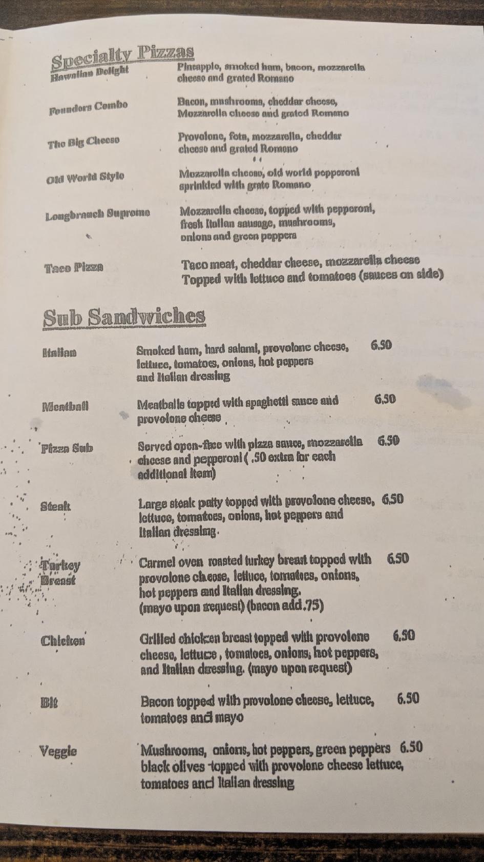 Menu at Long Branch Pizza pizzeria, Ashley