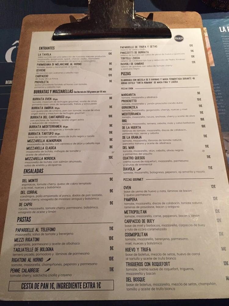Menu at Oven pizzeria, Madrid, Calle Fuencarral