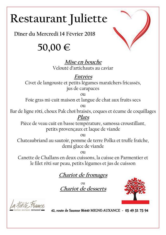 Menu au Restaurant Juliette Migné Auxances Poitiers, Migné-Auxances