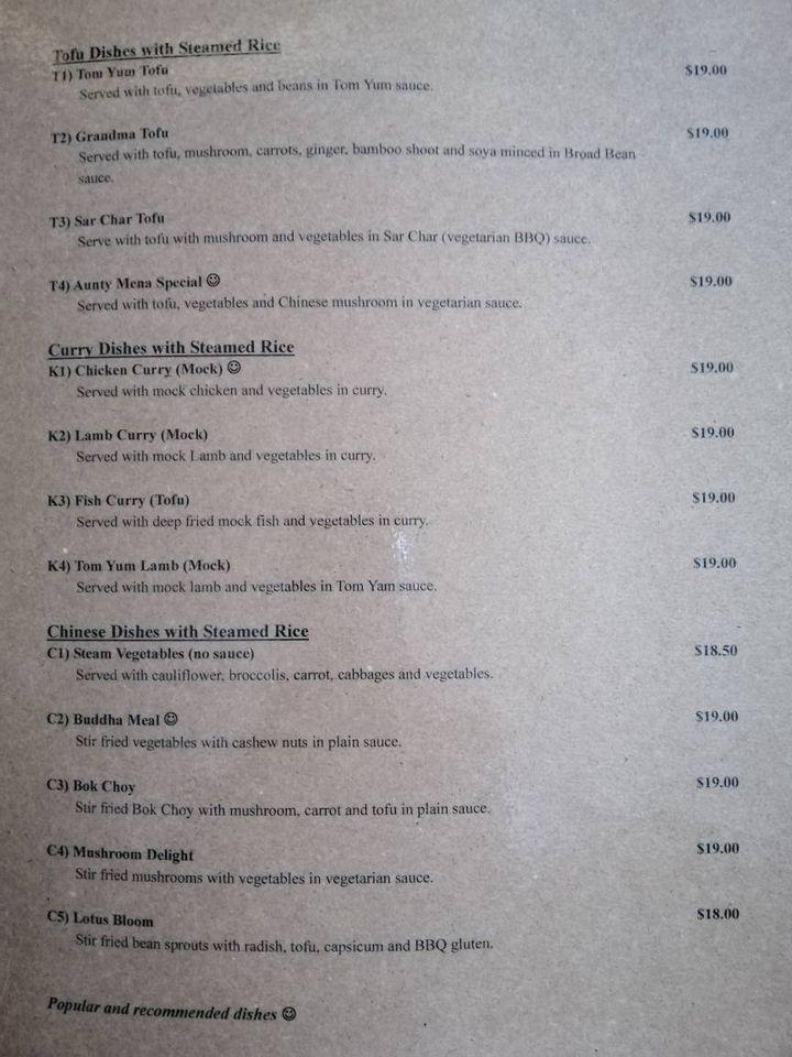 Menu at Aunty Mena's Vegetarian Restaurant & Cafe, Wellington