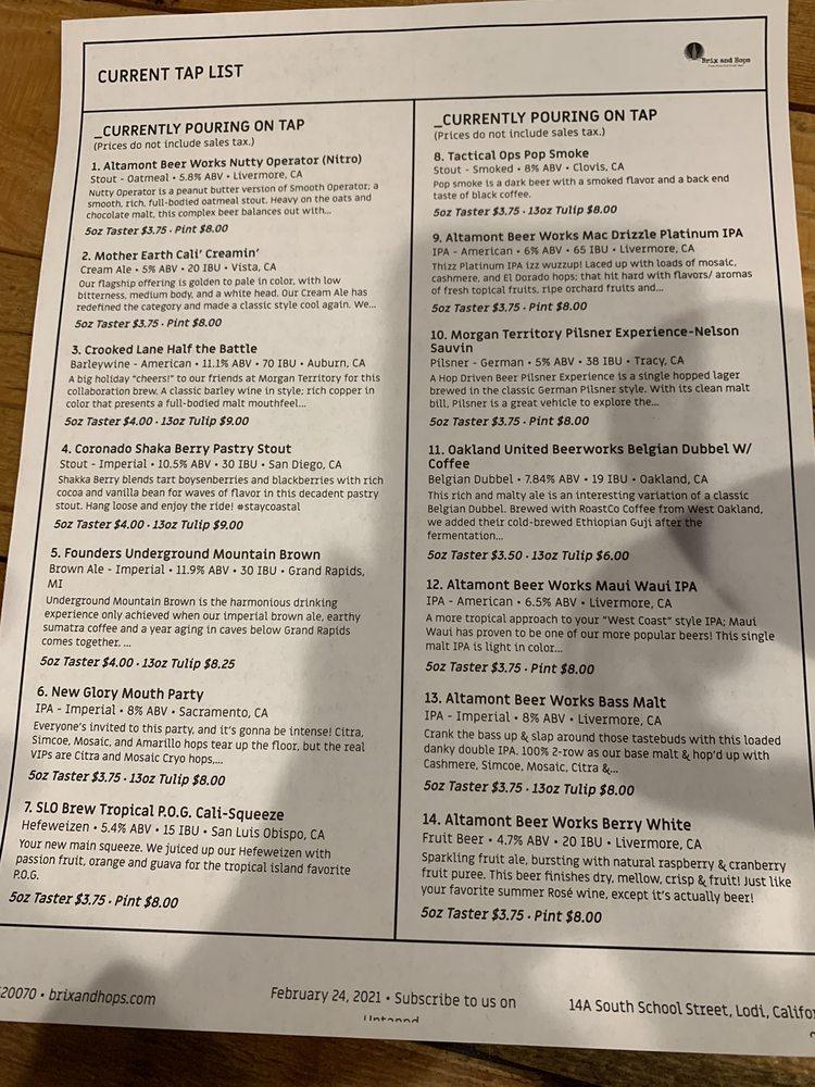 Menu at Brix and Hops pub & bar, Lodi