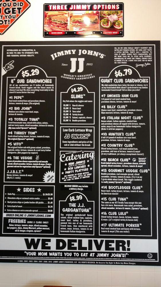Menu at Jimmy John's fast food, Frankfort