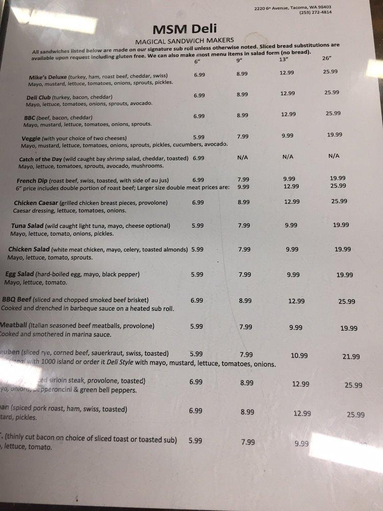 Menu at MSM Deli restaurant, Tacoma