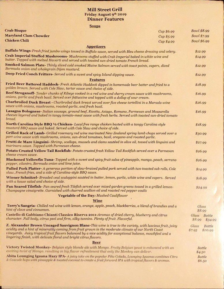 Menu at Mill Street Grill pub & bar, Staunton
