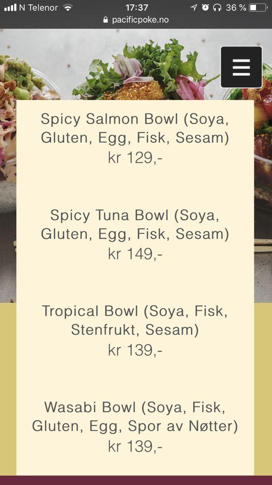 Menu at Pacific Poke AS fast food, Oslo, Thereses gate 52