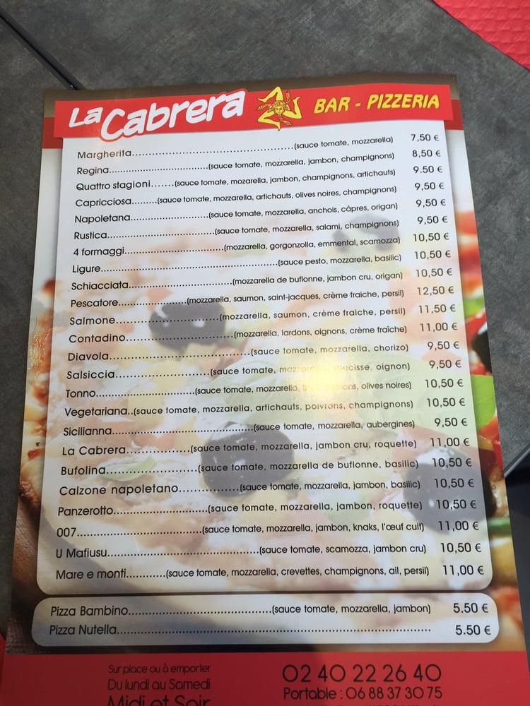 Menu at Pizzeria La Cabrera, Saint-Nazaire