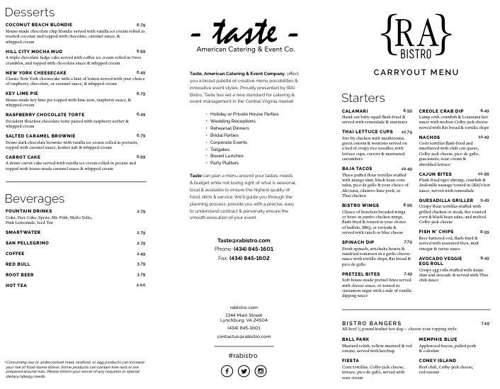 Menu at RA Bistro restaurant, Lynchburg