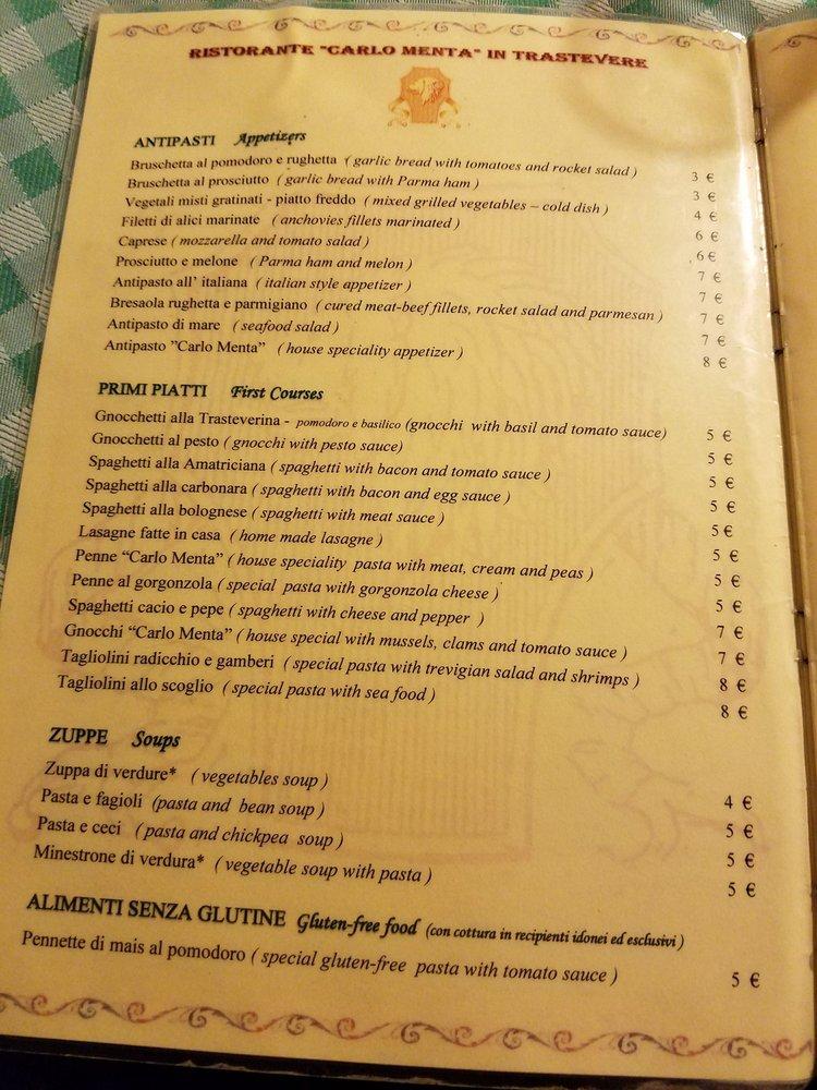 Menu at Ristorante Carlo Menta, Rome, Via della Lungaretta