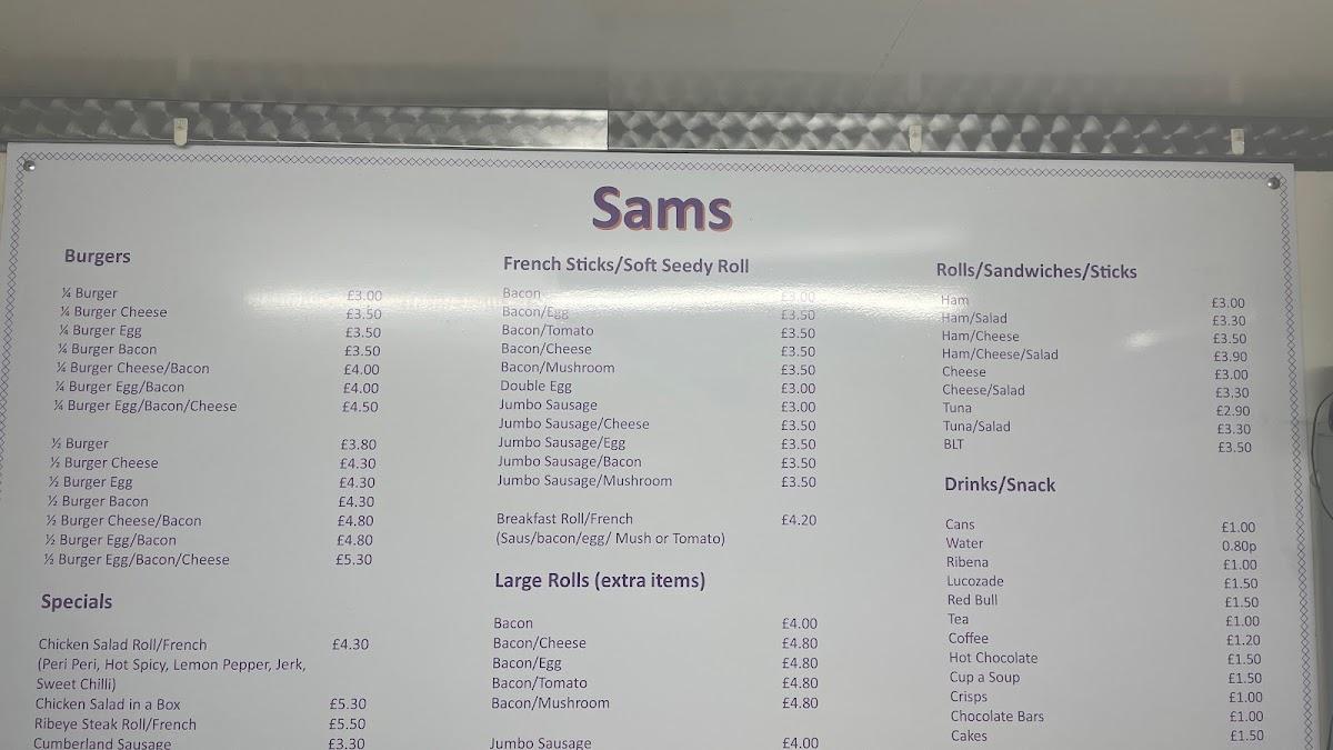 Menu at Sams Cafe, Enfield