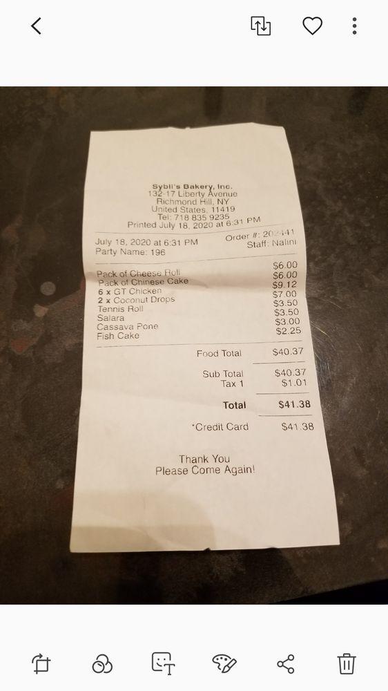 Menu at Sybil's restaurant, New York City, Liberty Ave