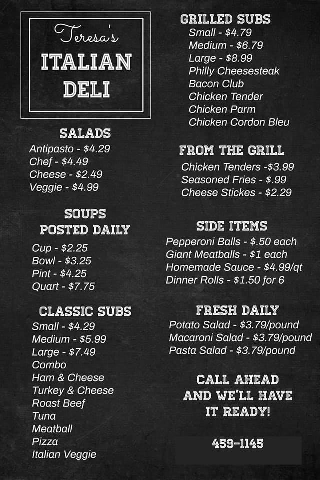 Menu at Teresa's Italian Deli restaurant, Erie, 810 E 38th St