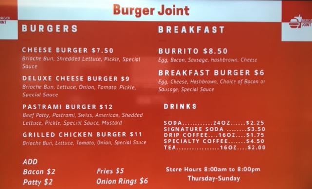 Menu at The Burger Joint restaurant, Parma