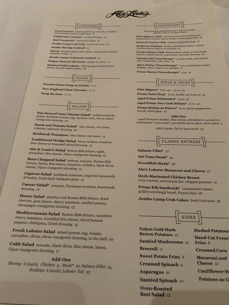 Menu at Abe & Louie's steakhouse, Boca Raton, Glades Rd