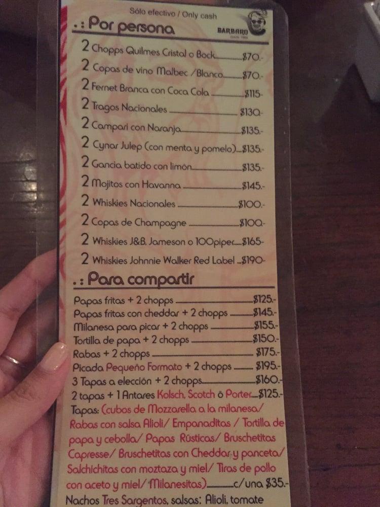 Carta de Barbaro - Bar de Tapas, Buenos Aires