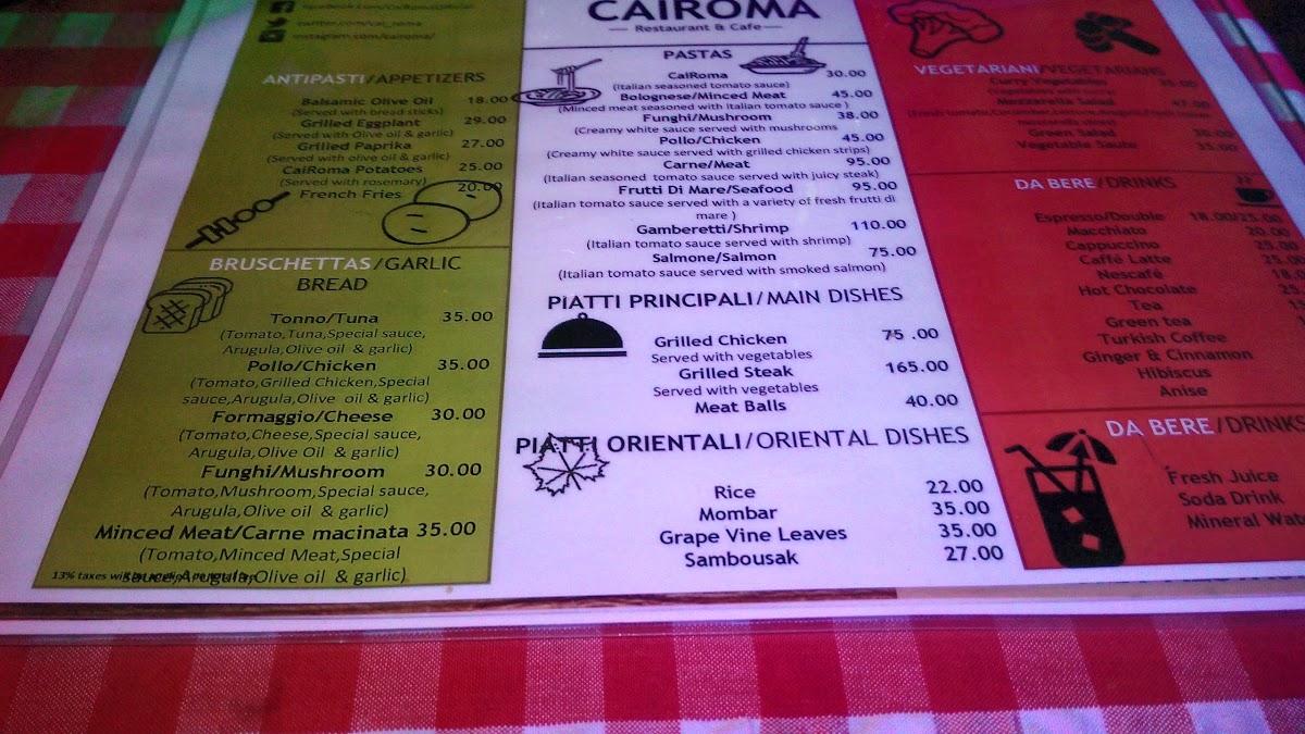 Carta del restaurante CaiRoma, El Cairo