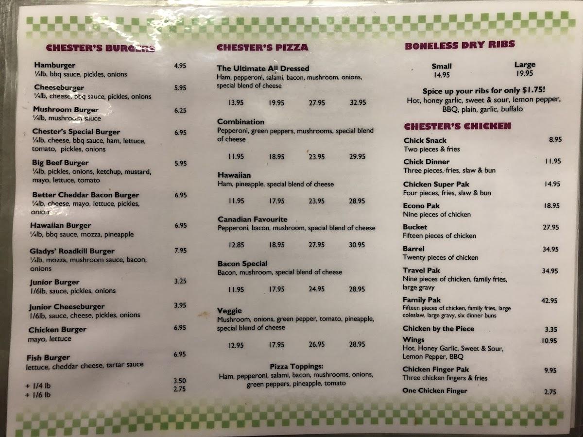 Menu at Chester's restaurant, Kamsack