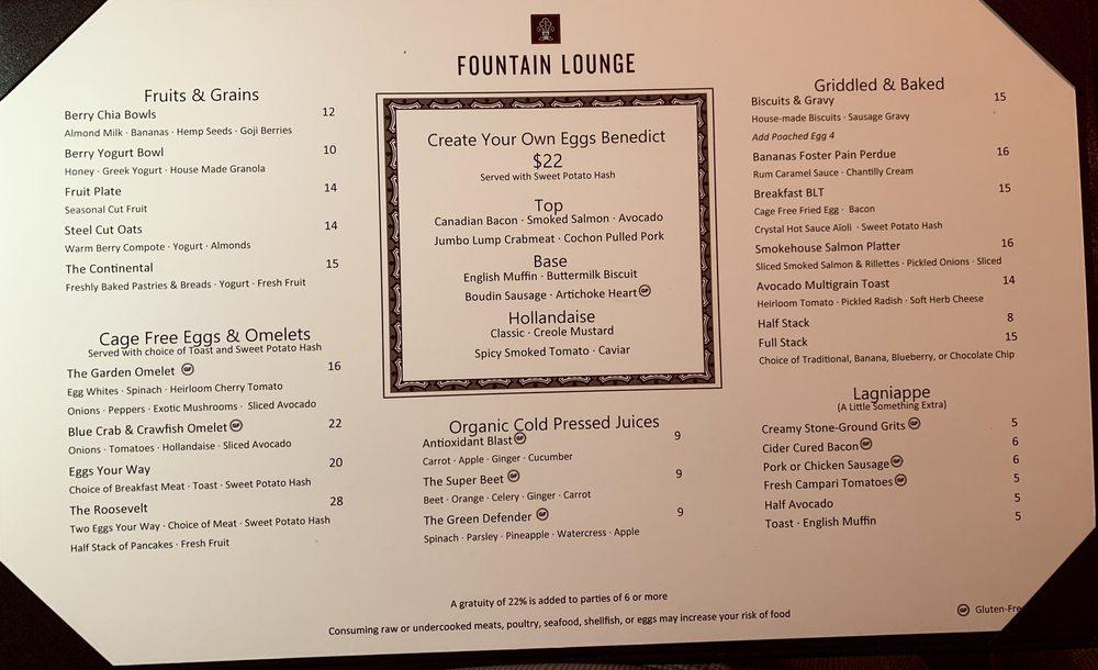 Menu at Fountain Lounge restaurant, New Orleans