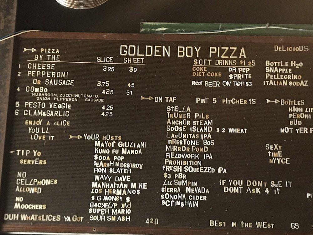 Menu at Golden Boy Pizza pizzeria, San Francisco, 542 Green St