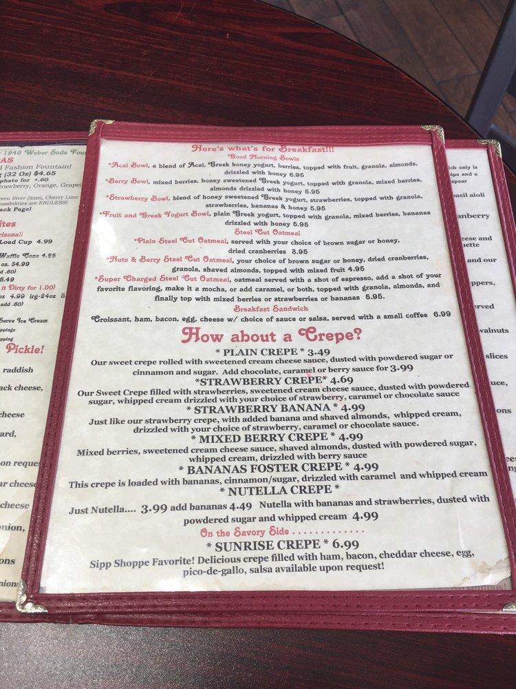 Menu at Sipp Shoppe restaurant, Winslow
