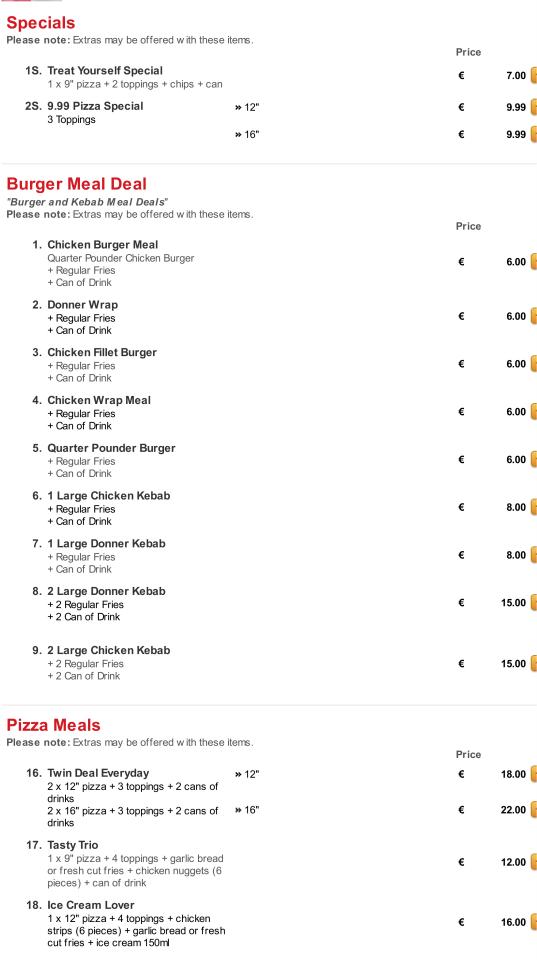 Menu at Speedo's Pizzas and Kebabs restaurant, Cork