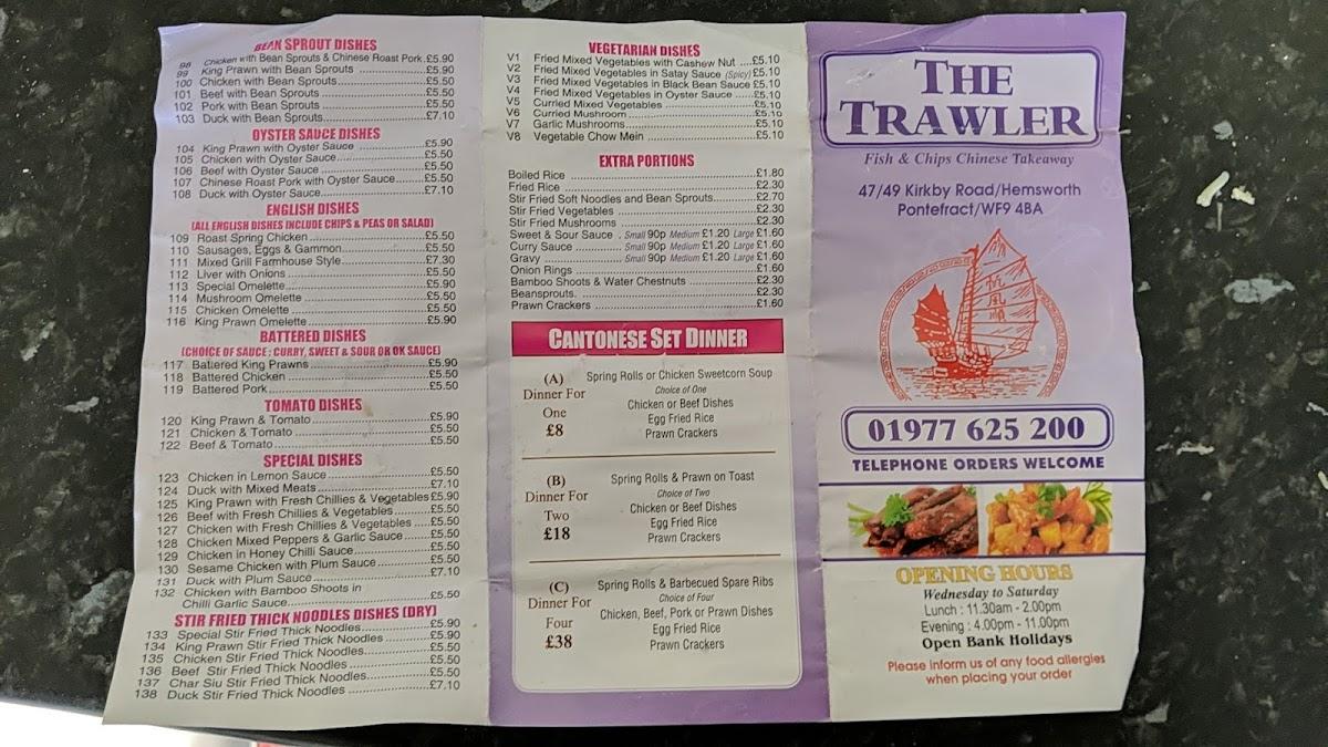 Menu at The Trawler restaurant, South Kirkby