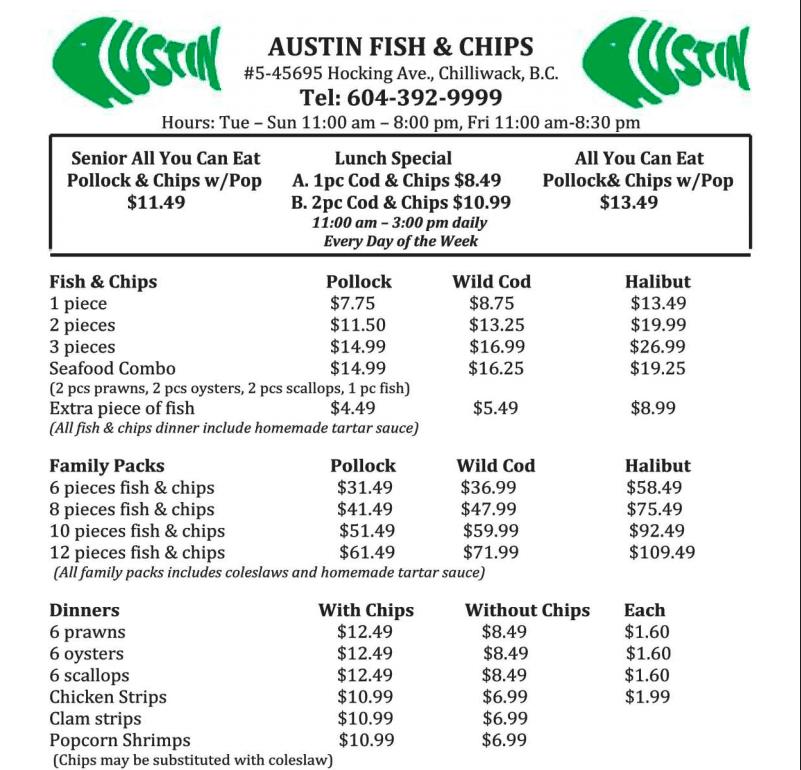 Menu at Austin Fish And Chips restaurant, Chilliwack