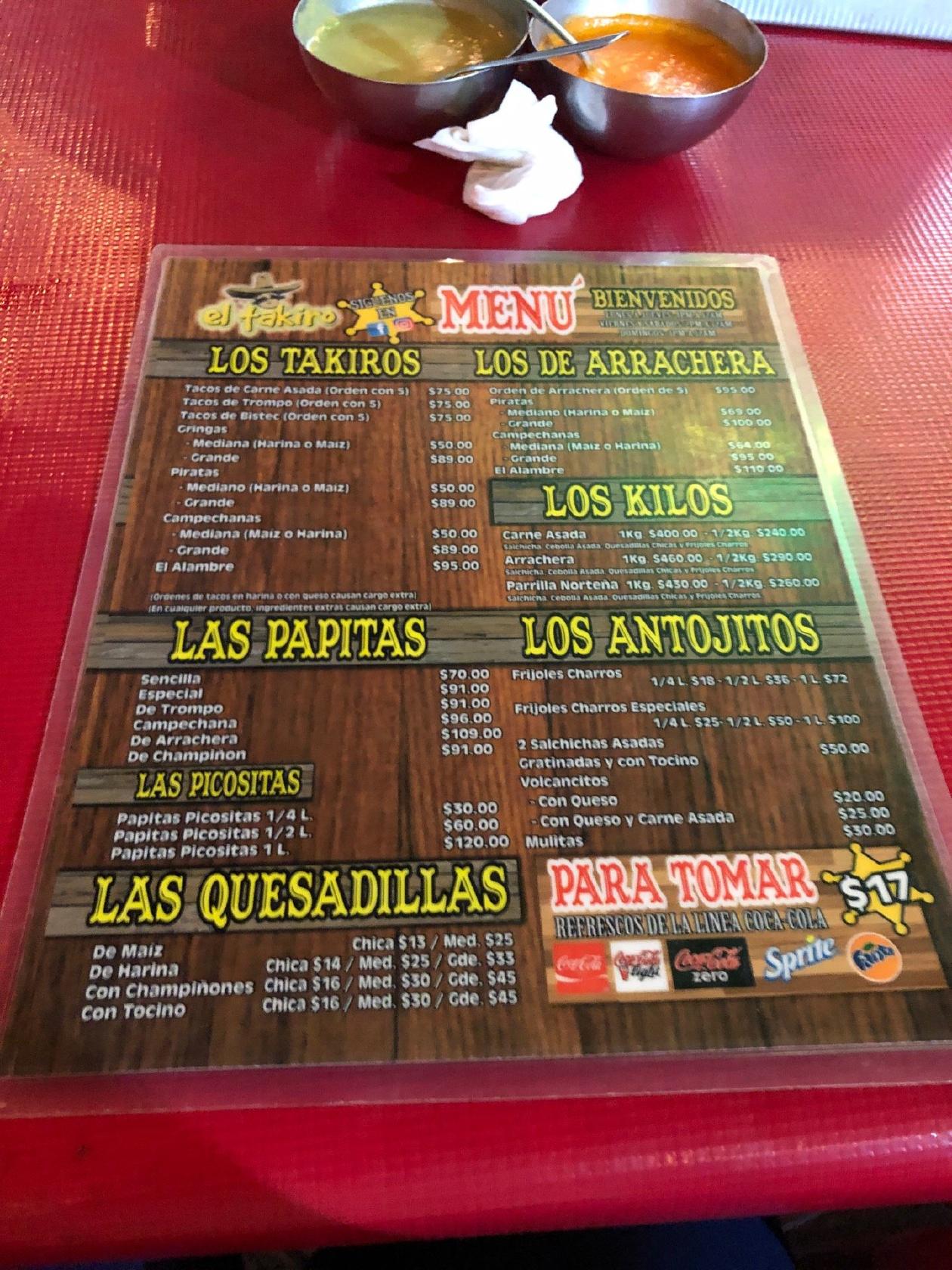 Menu at el takiro restaurant, Monterrey, Av. Anillo Periferico 1201