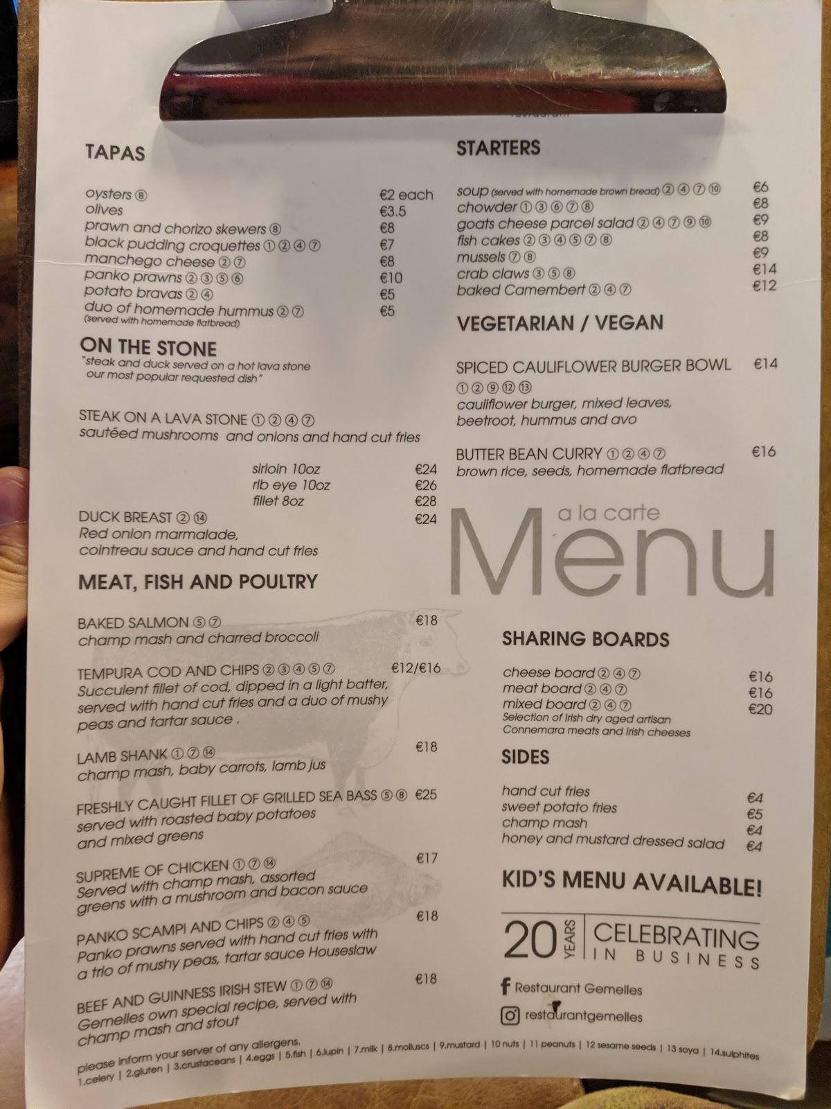 Menu at Gemelle's restaurant, Galway