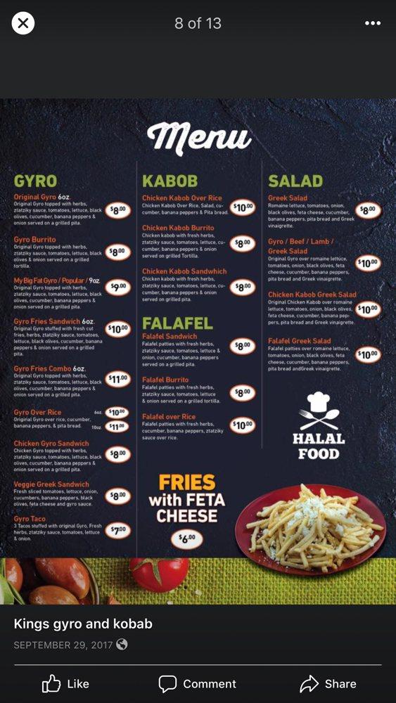 Menu at Kings gyro and kobab restaurant, Culver City