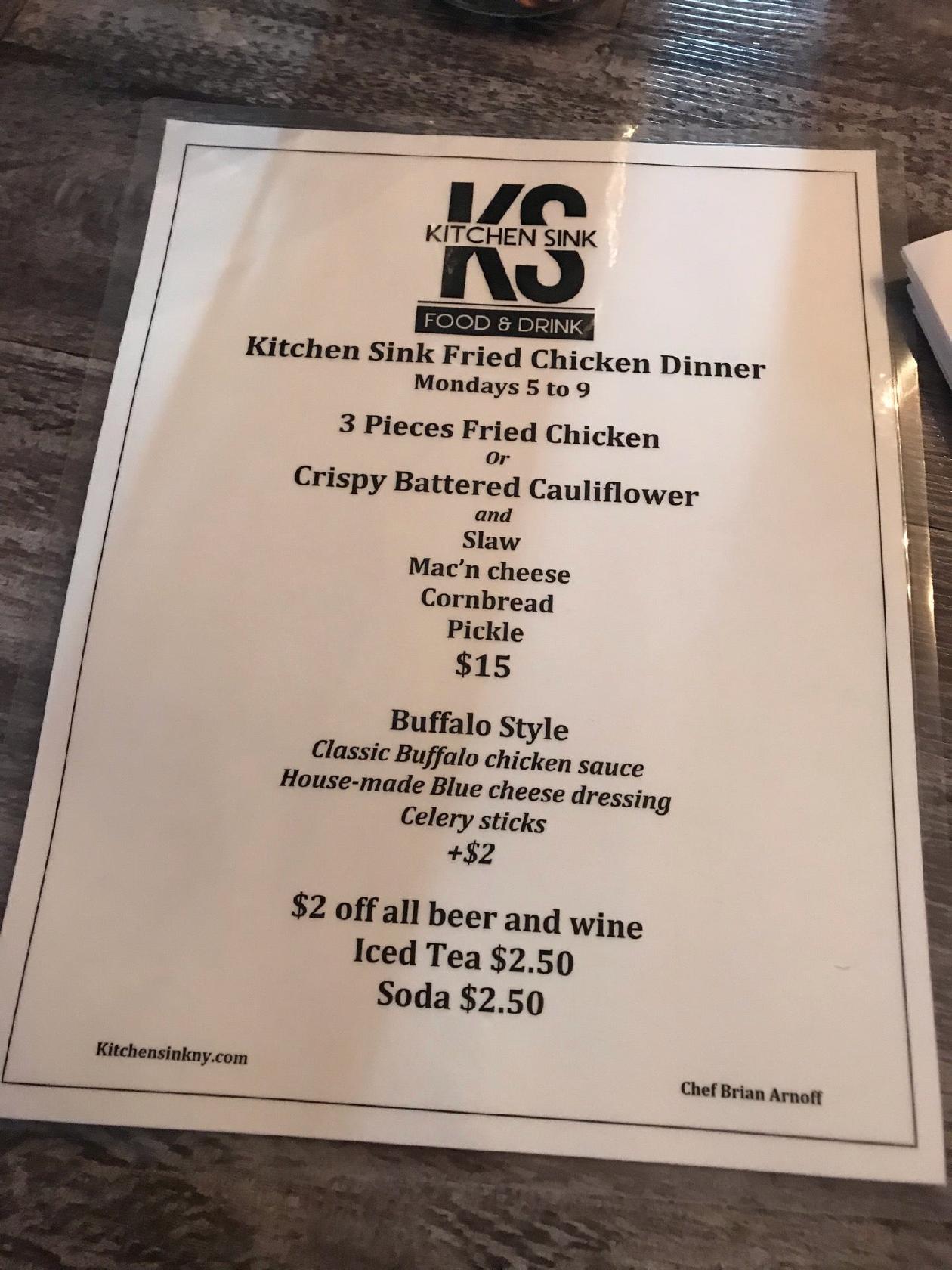 Menu at Kitchen Sink Supper Club, Beacon