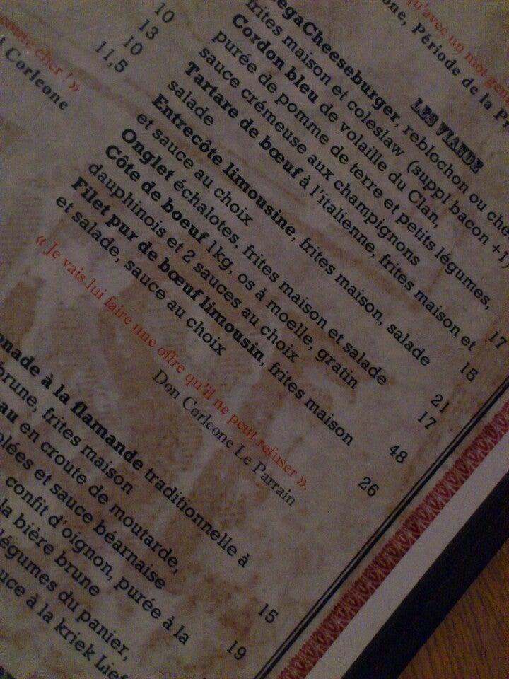 Menu at Le Clan des Belges, Brussels