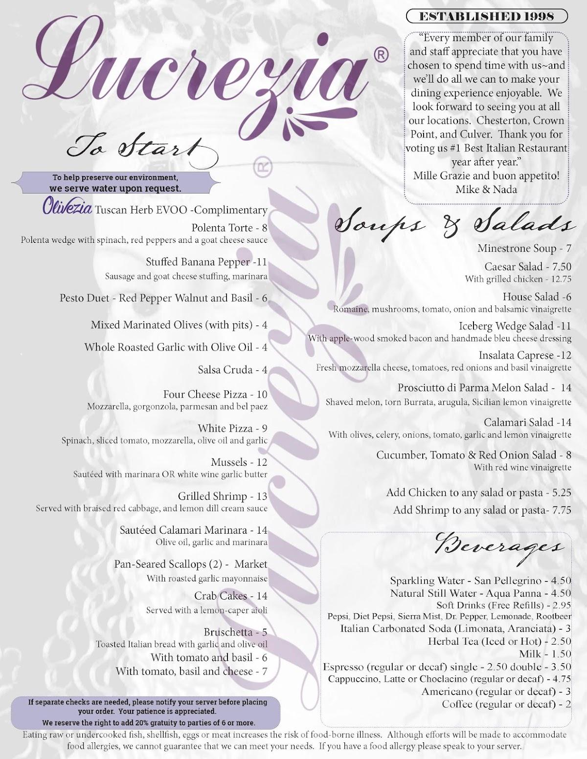 Menu at Lucrezia Café restaurant, Chesterton