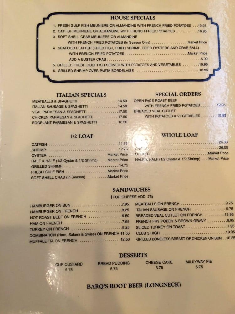 Menu at Mandina's Restaurant, New Orleans