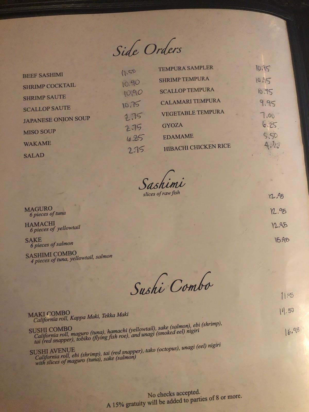 Menu at Musashi restaurant, Tracy
