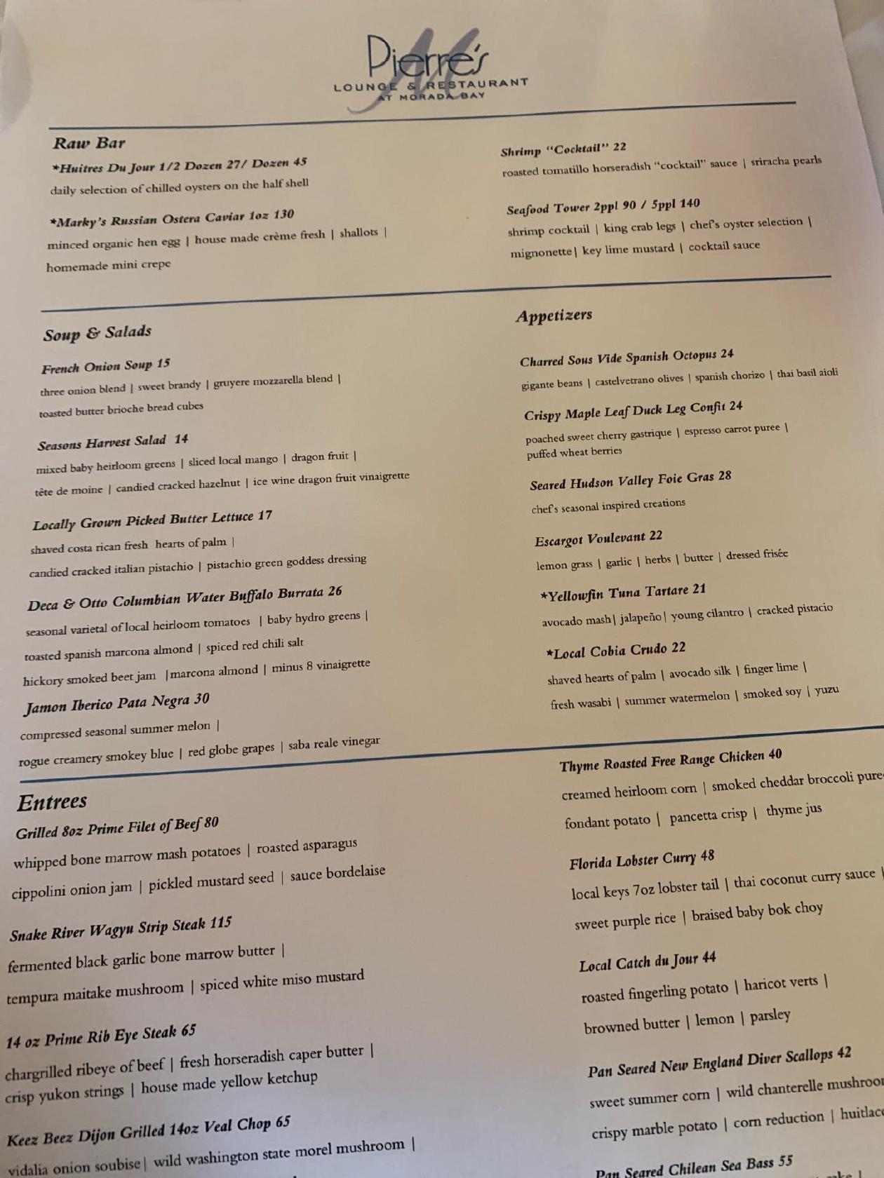 Menu at Pierre's Restaurant, Islamorada