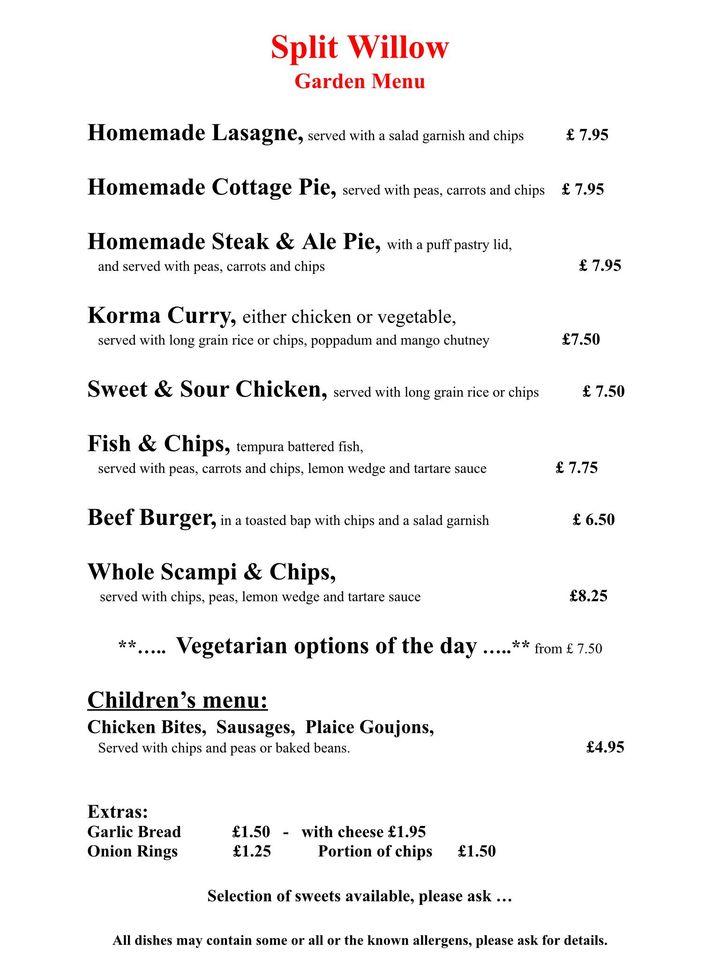 Menu at Split Willow restaurant, Llanfairfechan